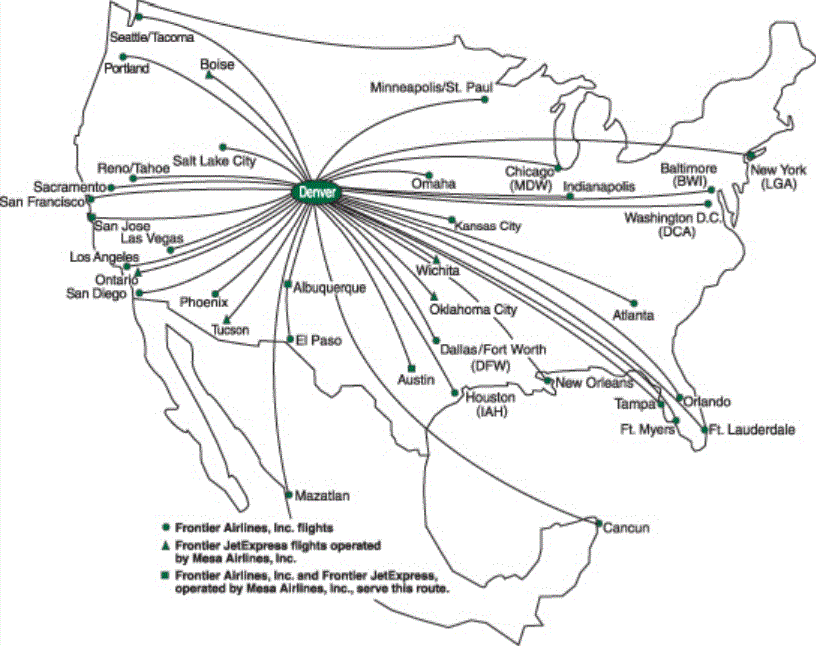 Frontier Airlines June 15, 2003 Route Map