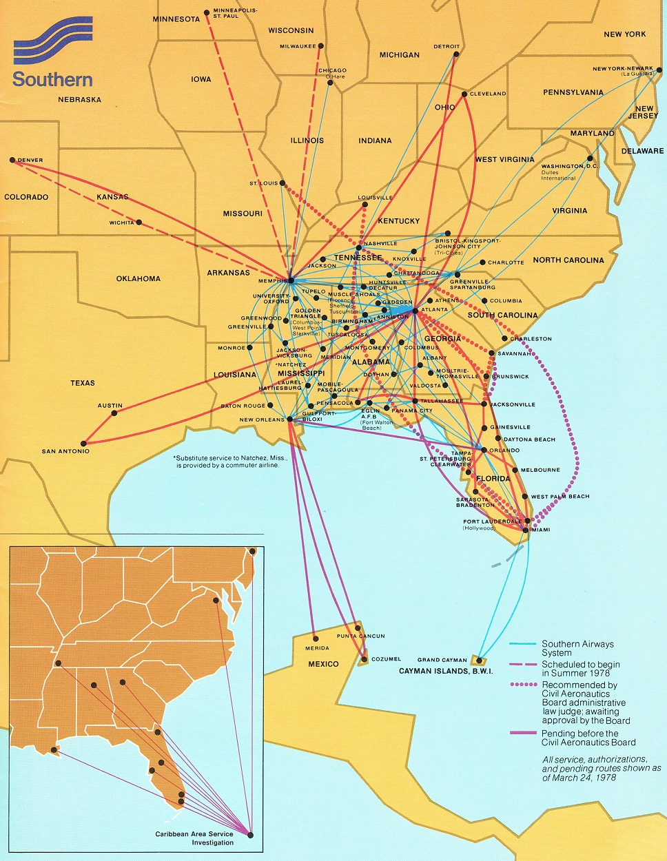 Southern Airways March 24, 1978 Route Map