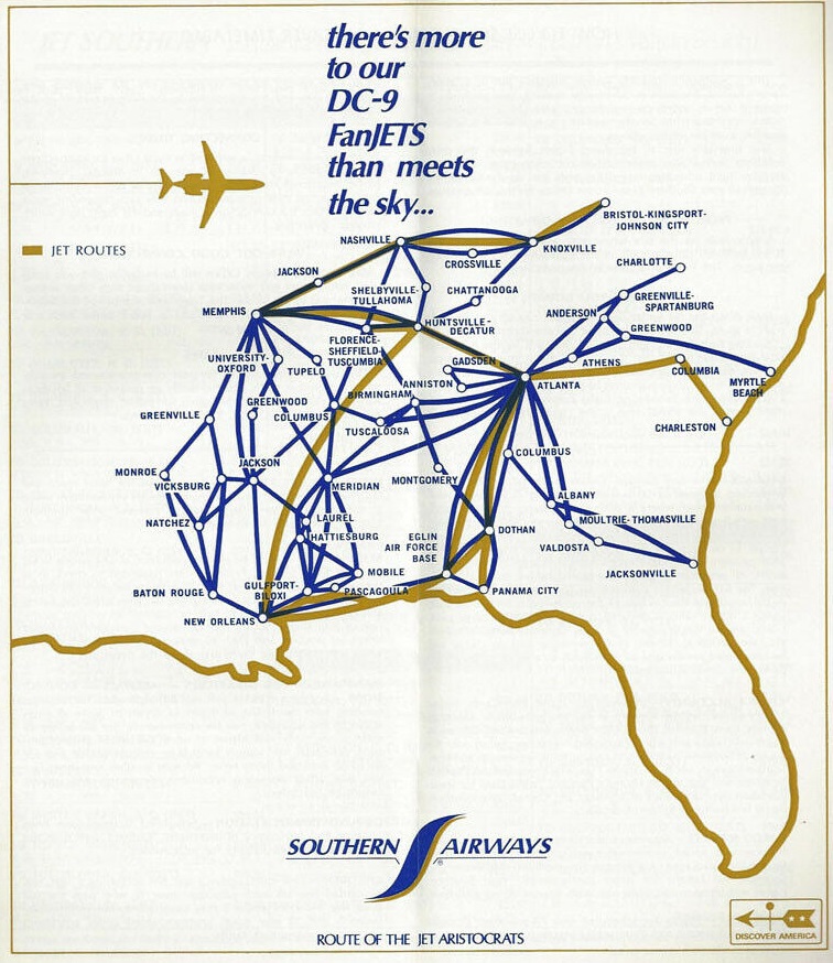 Southern Airways June 1, 1968 Route Map