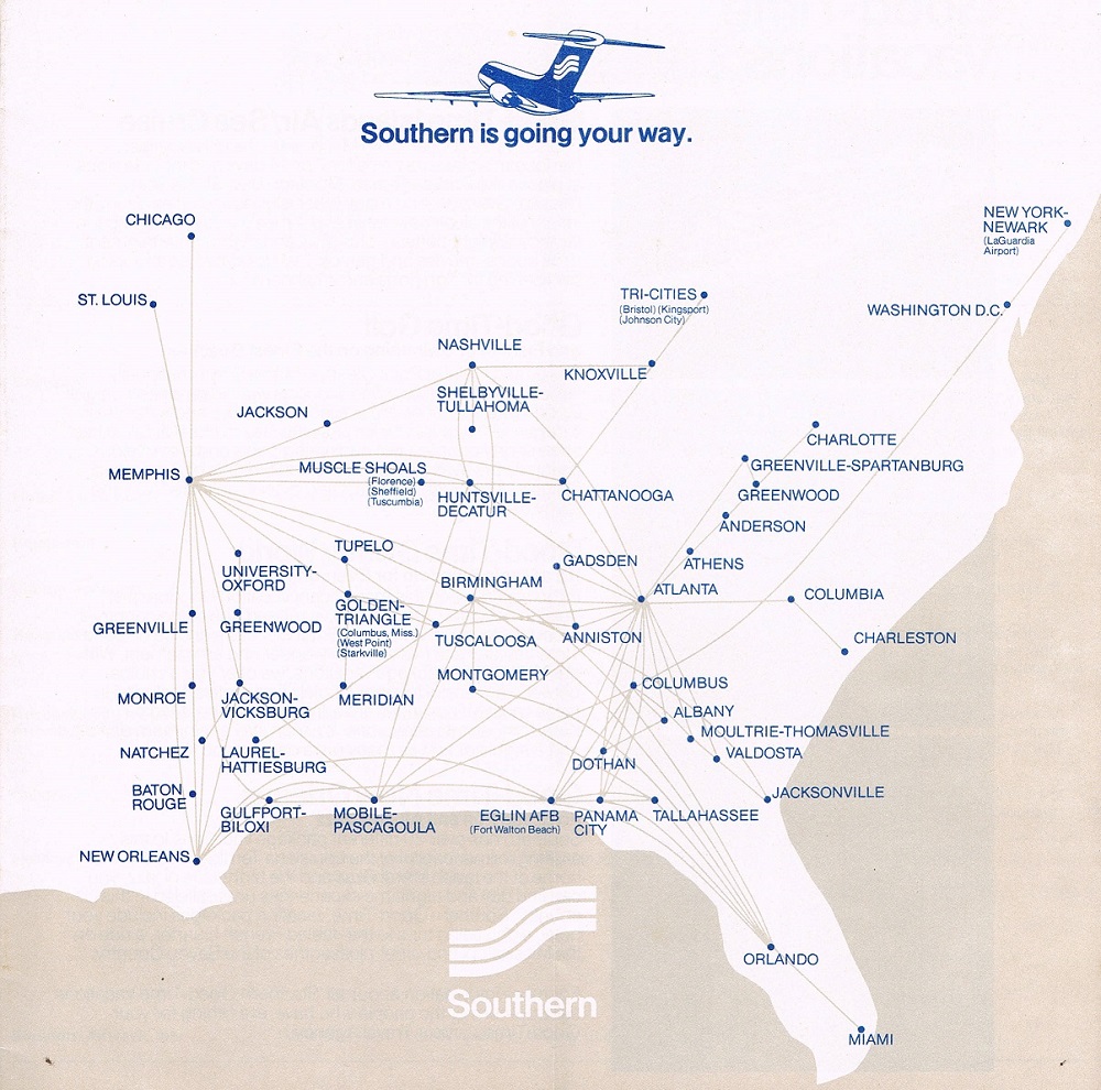 Southern Airways July 1, 1974 Route Map